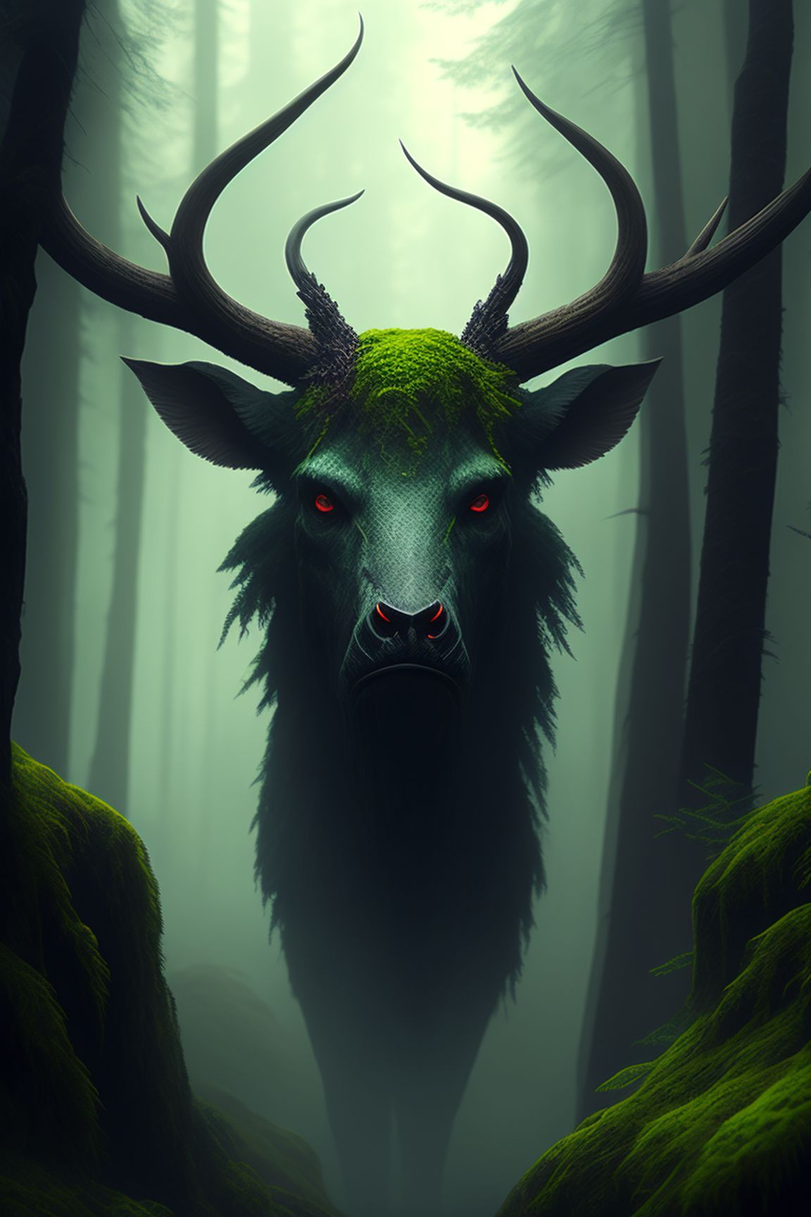 unlined-gull878: Humanoid cryptid with antlers and moss