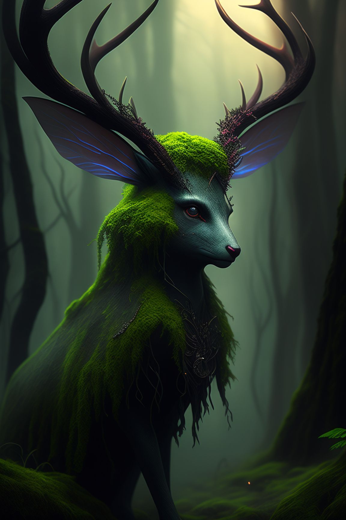 unlined-gull878: Faerie creature with antlers and moss sinister