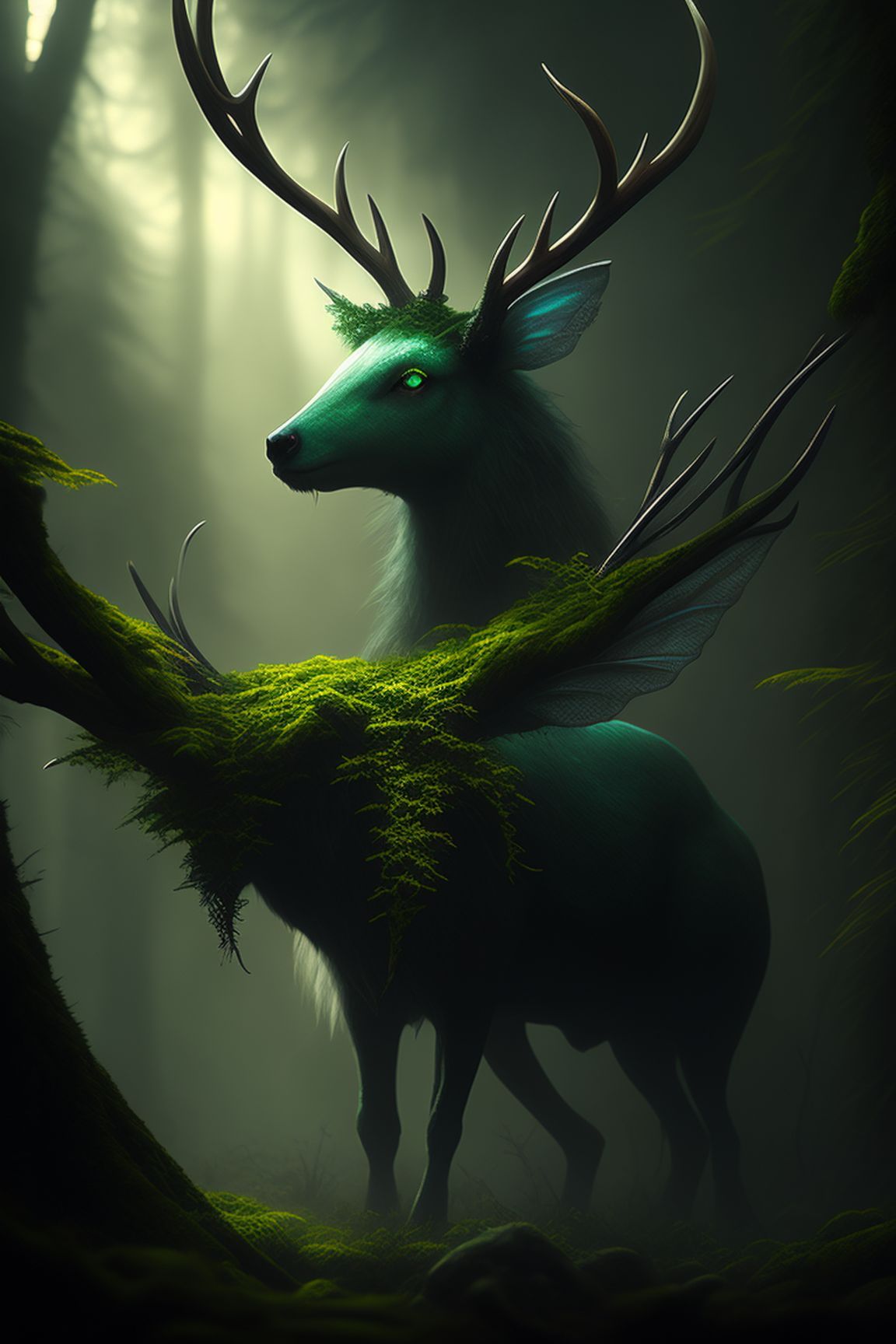 unlined-gull878: Faerie creature with antlers and moss sinister