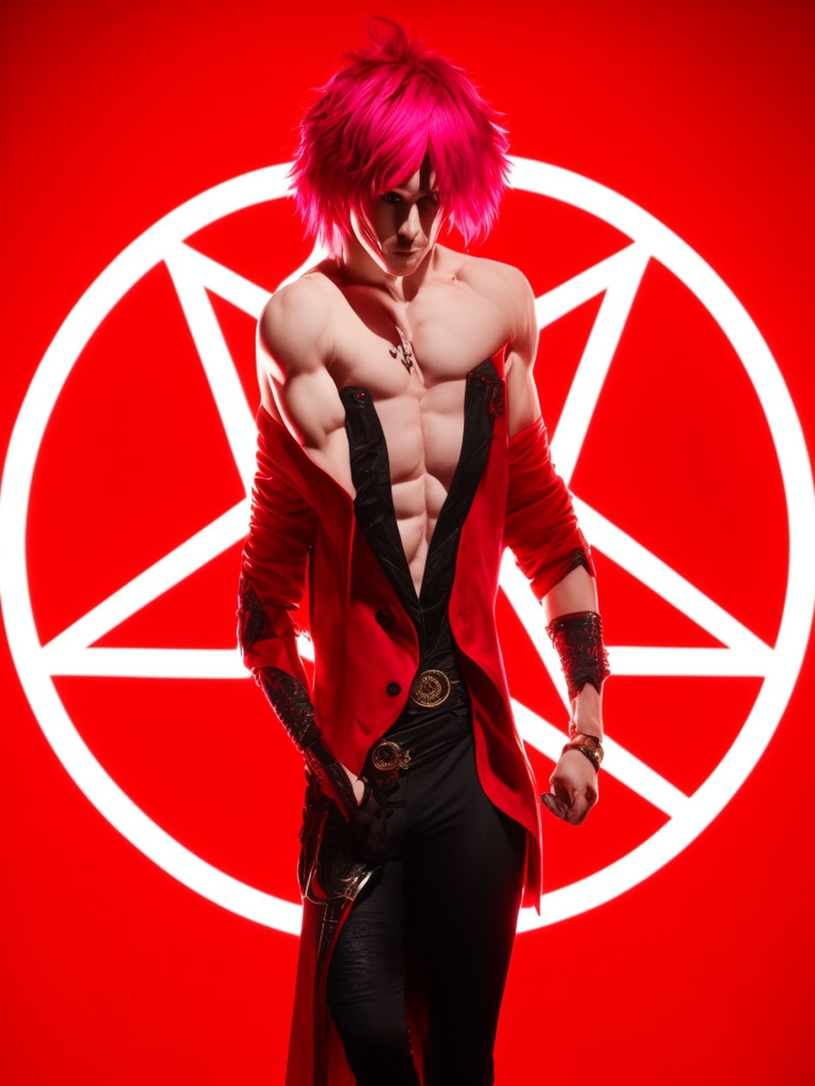 DragonKnight613: Male, a demon, with short pink hair, red eyes, wearing ...