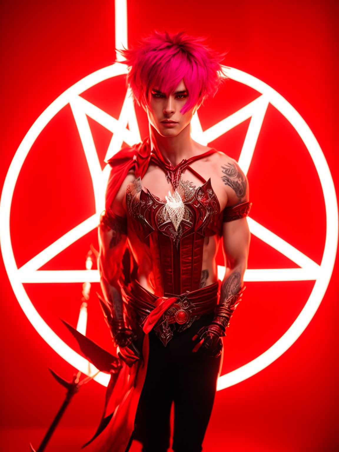 DragonKnight613: Male, a demon, with short pink hair, and red eyes ...