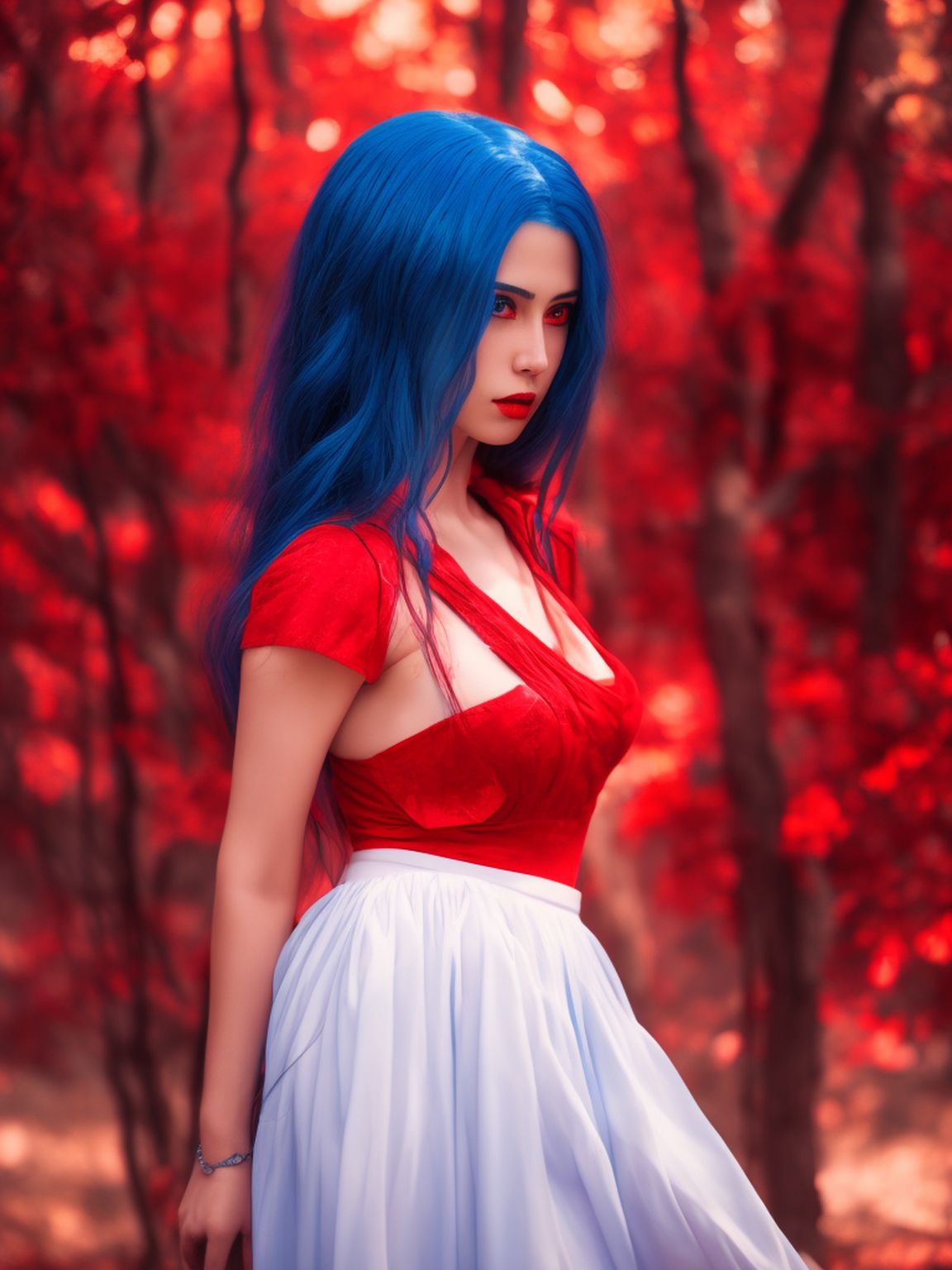 DragonKnight613: female, a demon, long blue hair, wearing a red shirt ...