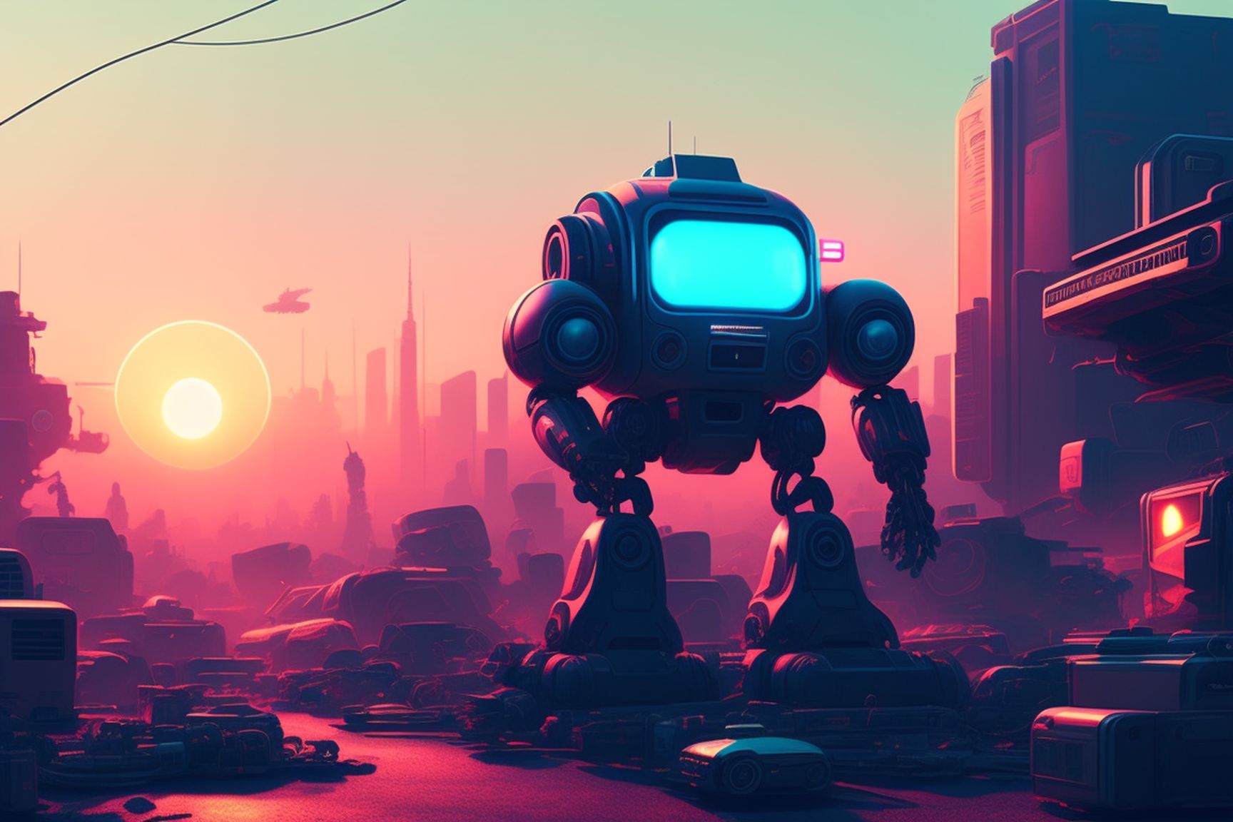 elated-goat294: One baby neon robot, waking up in a large cyberpunk ...