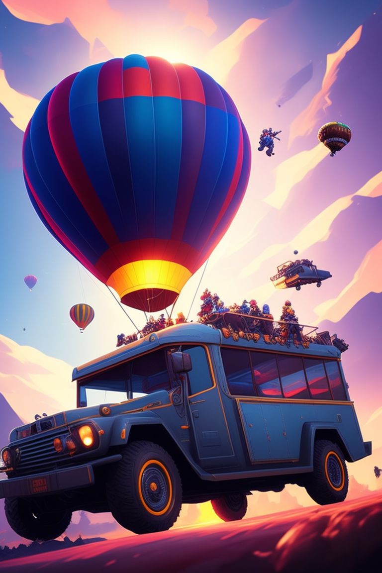 CreativeMind: A fornite battle bus, flying in air tethered to a hot air ...