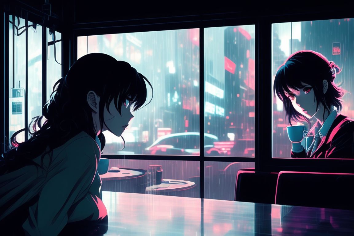 bad-hare593: a girl anime-style looking the rain through a window at a cafe