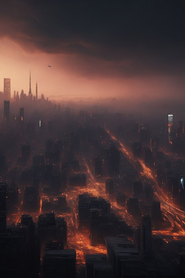 thick-deer616: A dramatic aerial shot of a post-apocalyptic downtown ...