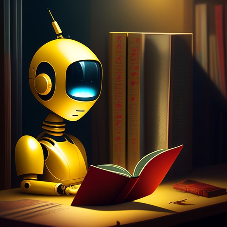 minor-ant965: AI robot reading a book, yellow, red, black
