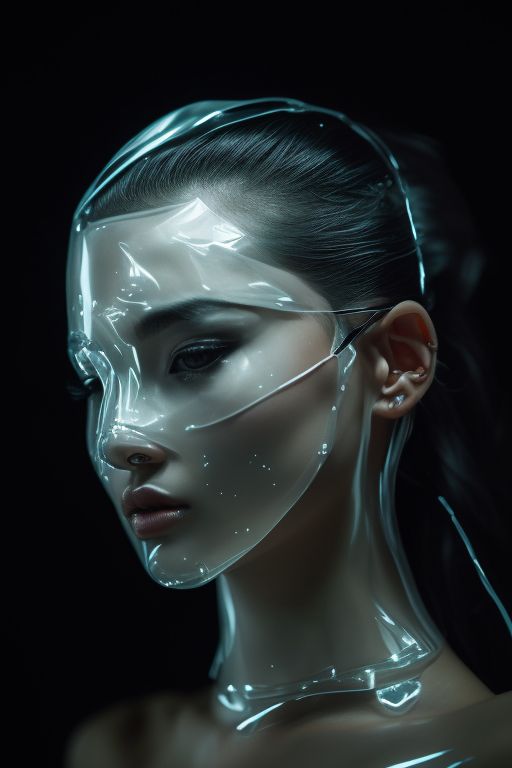 rude-newt301: woman's face in a transparent mask made of melted plastic ...