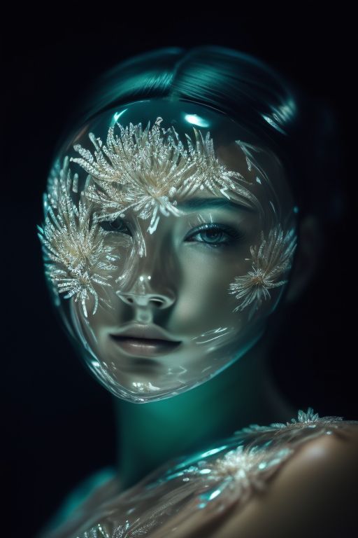 rude-newt301: woman's face in a transparent mask made of melted plastic ...