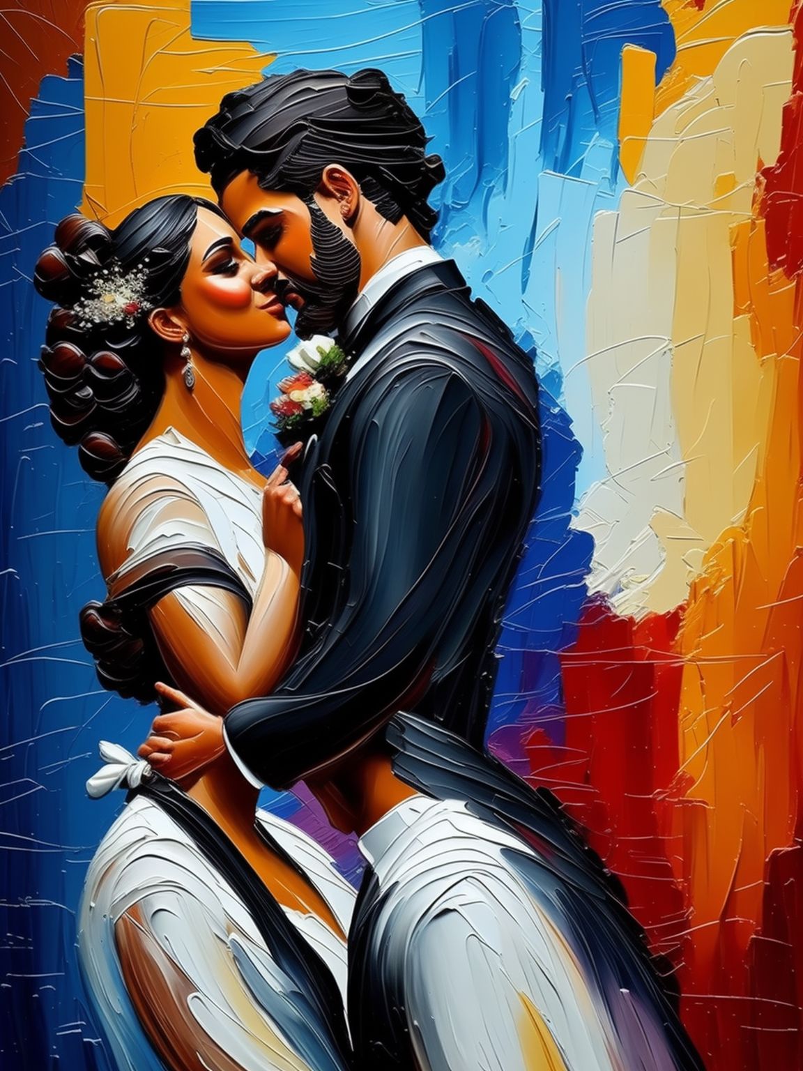 young couple in love getting married, the man dressed in a black suit ...