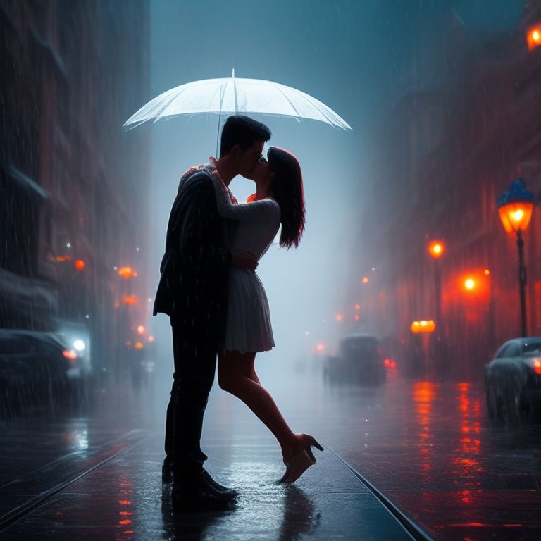 Young Couple Kissing In The Rain