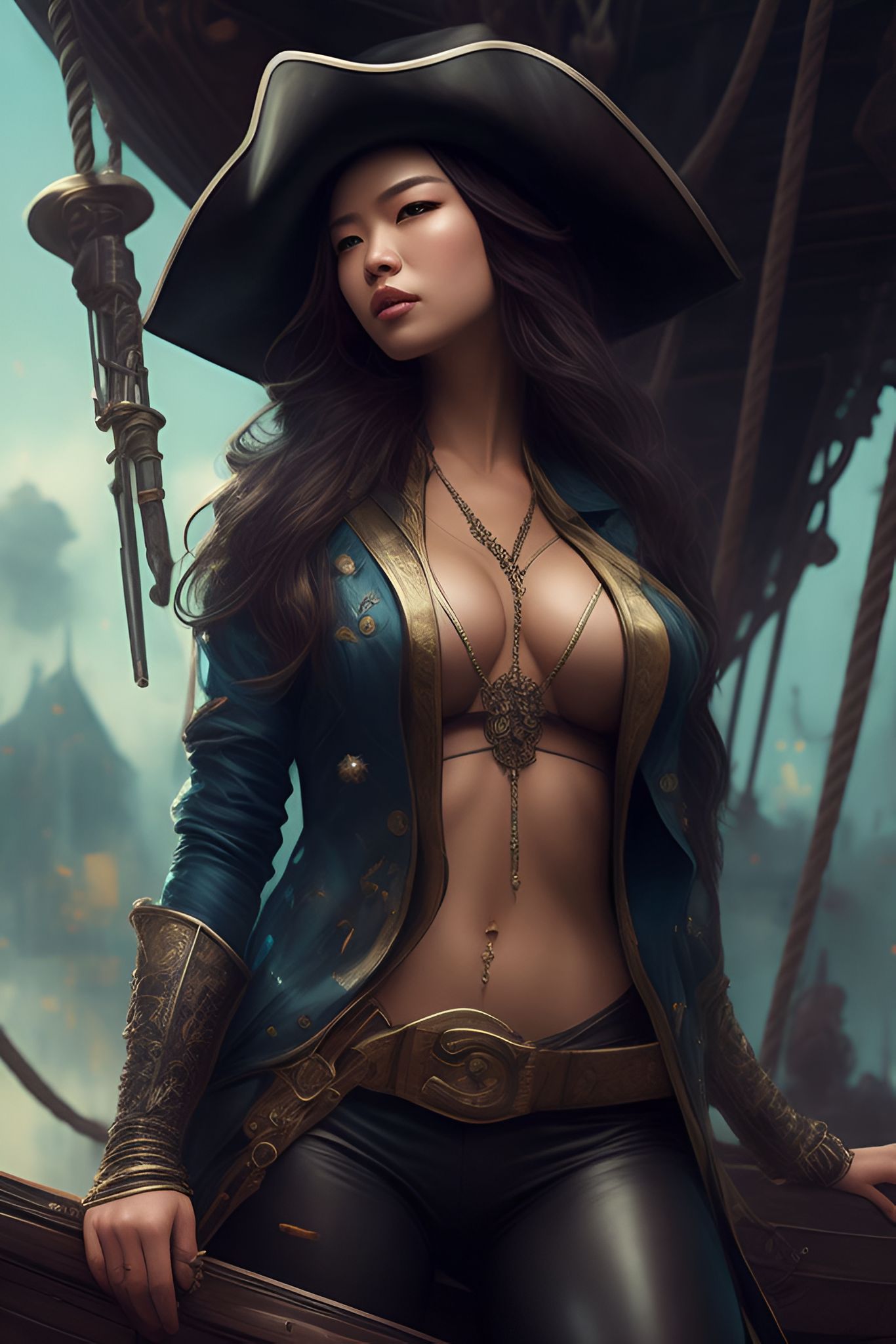 Merematrix Beautiful Woman Pirate Open Long Sleeve Shirt Tight Leather Pants Flared Boots