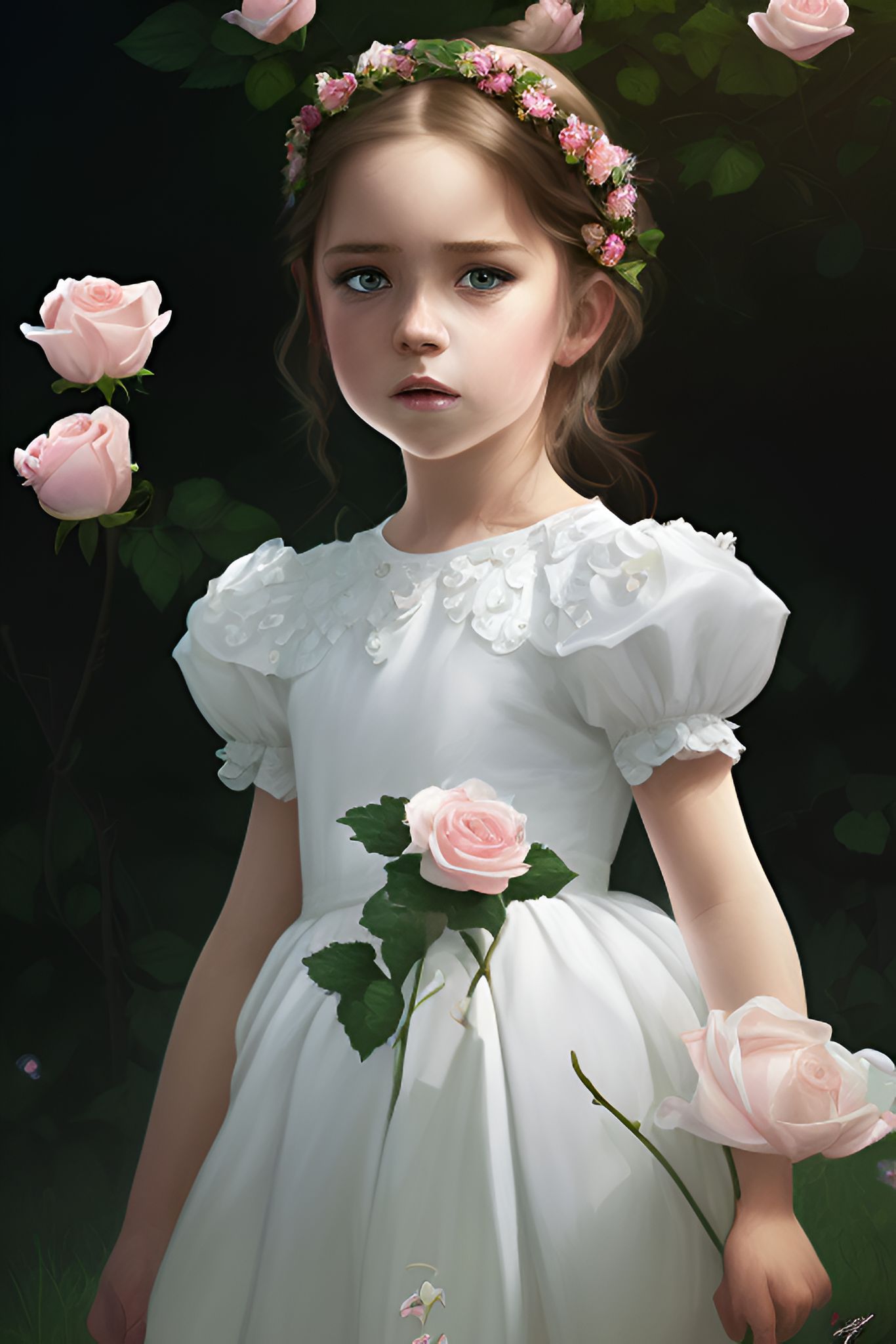Gomes2023: A Beautiful Child Full Length in a White Rose Garden, Deep ...