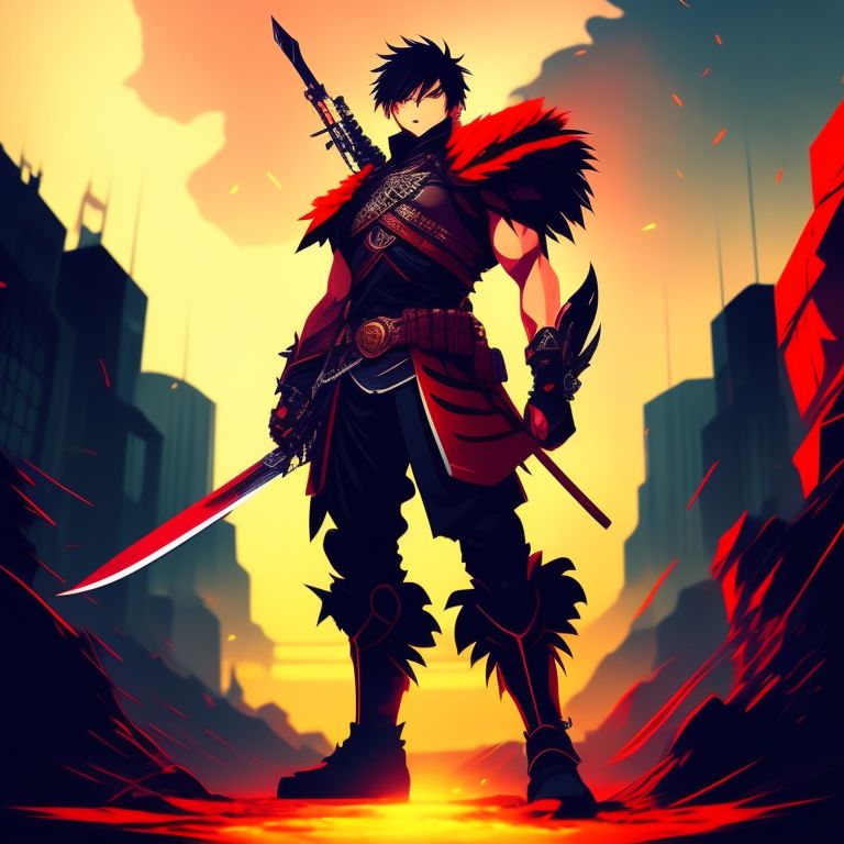 bold-grouse731: Warrior Anime man full body with weapons in vector style