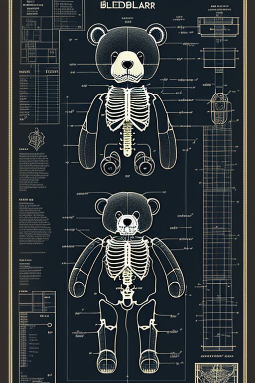 aware-ape199: skeleton of a teddy bear, but the blueprint must be in black