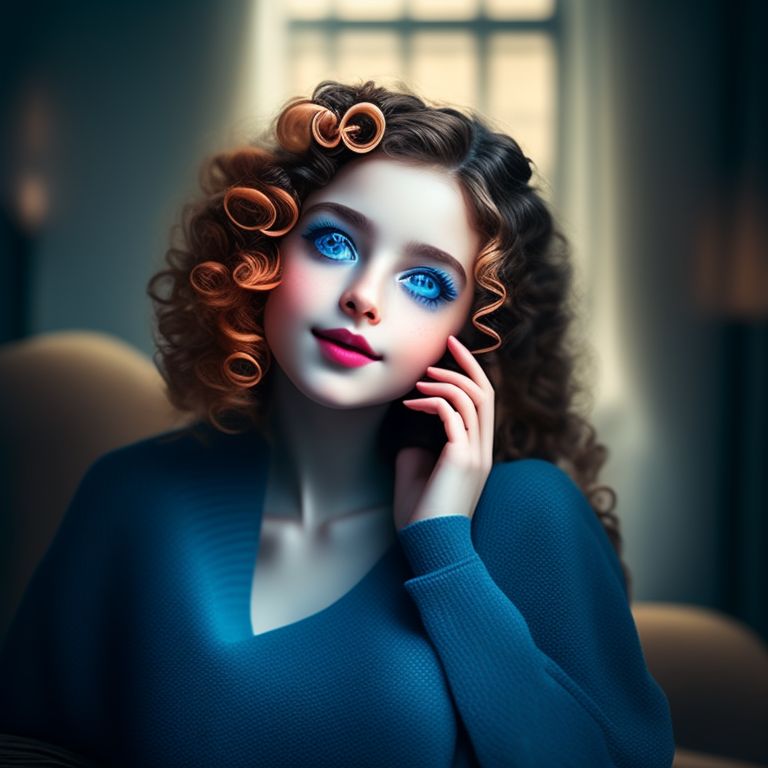Pretty Girl With Brown Curly Hair And Blue Eyes