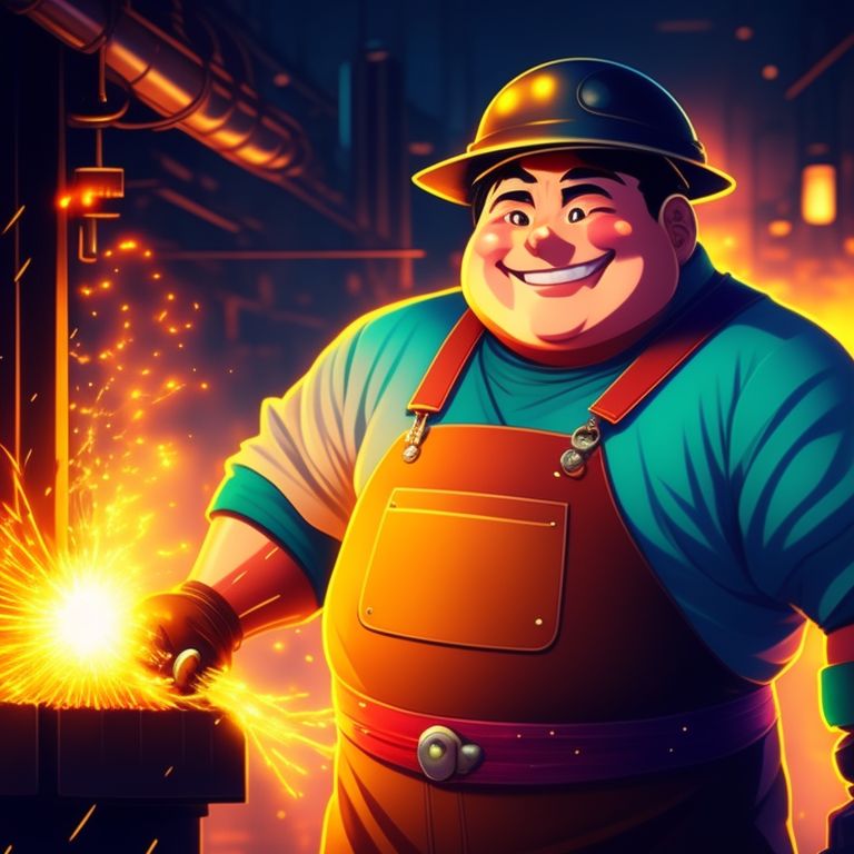 drafty-shrew643: A strong, fat and smiley blacksmith working in a furnace. He's in a little ...