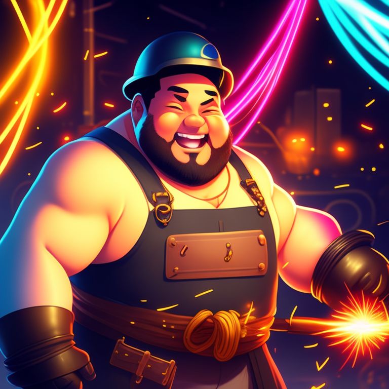 drafty-shrew643: A strong, fat and smiley blacksmith working in a furnace. He's in a little ...