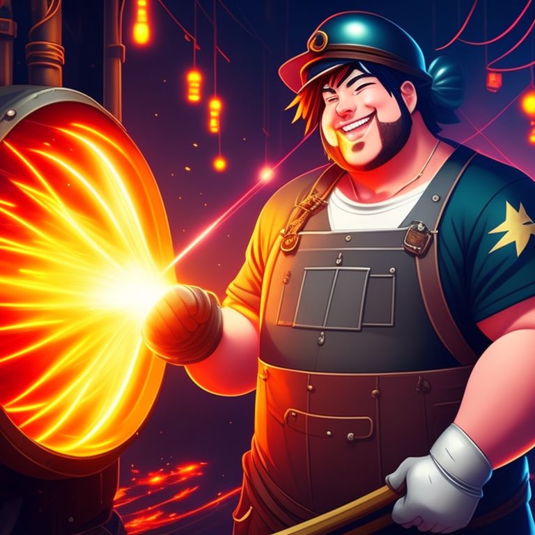 drafty-shrew643: A strong, fat and smiley blacksmith working in a furnace. He's in a little ...