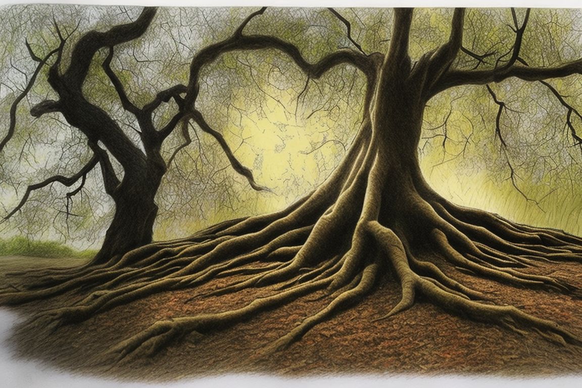 Tree With Roots Pencil Drawing