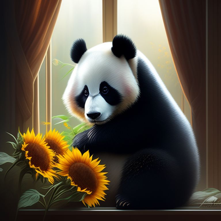 hasty-pigeon262: Panda Bear looking out a window at a sunflower