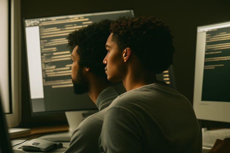 alarmed-worm43: View from back of a man programming on his 3 computers, 4k