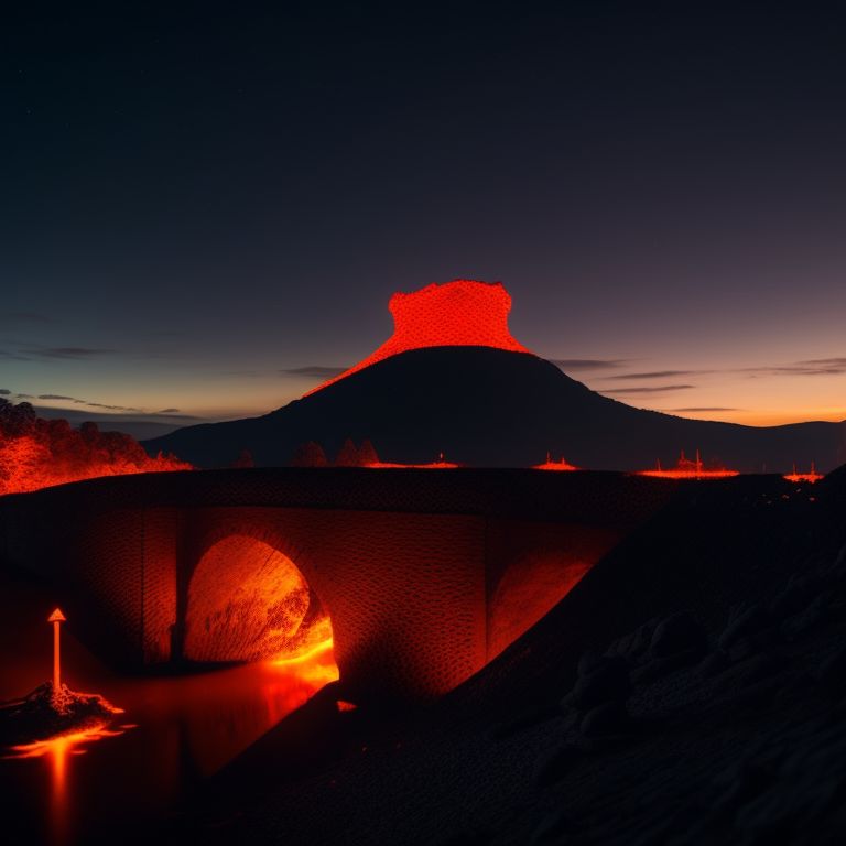 arctic-llama860: a dark castle with lava flowing from it with a bridge ...