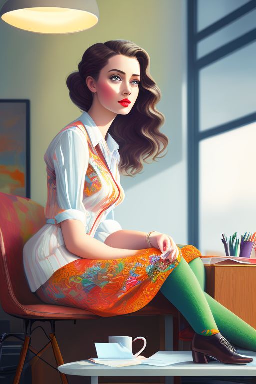 lanky-stork771: a young woman sitting (separated legs:1.3) on a desk in ...