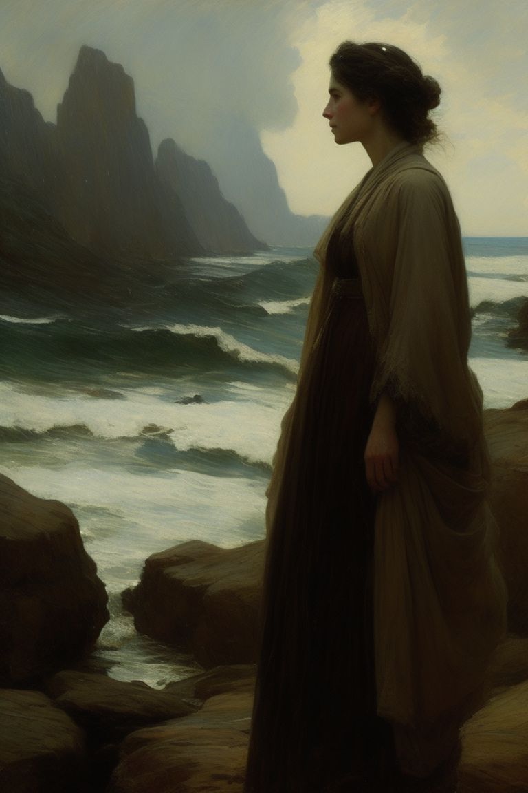 moral-turtle525: woman near the sea on top of rocks, looking at the ...