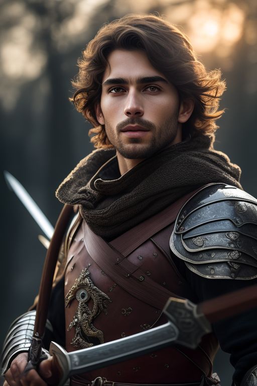 Suzany: a male medieval knight, with sword and shield, fighting a brown ...