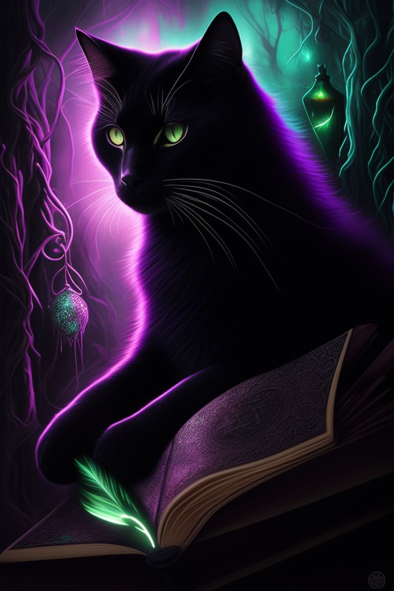 fickle-loris892: glow black cat sits on book of shadows, magic potions ...