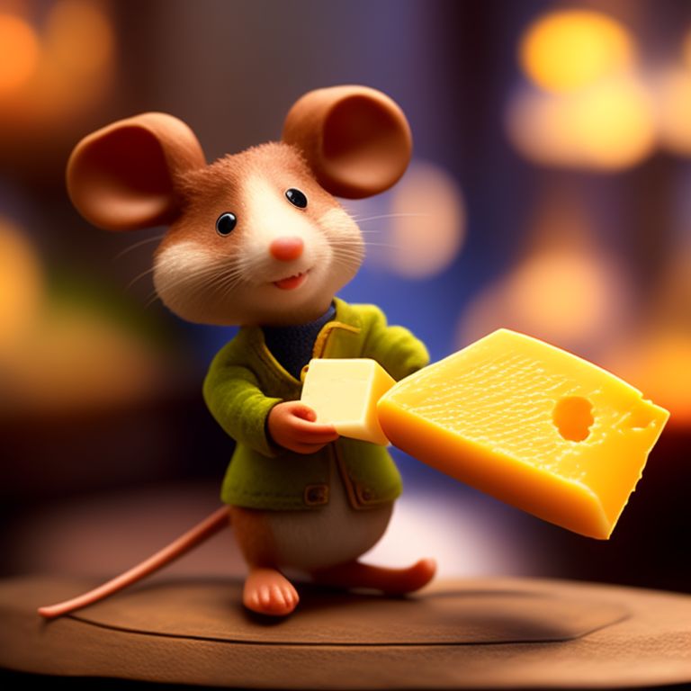 moral-turtle525: A cute tiny mouse holding a piece of luxury cheese, pixar