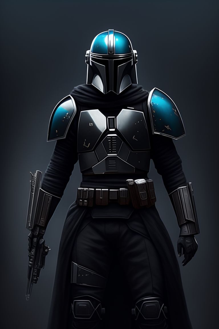 jaded-bee266: Mandalorian in black and blue armor. Dual swords.