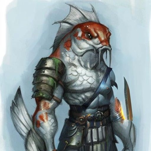 smart-donkey354: a barbarian hero fishman holding a bright golden greataxe