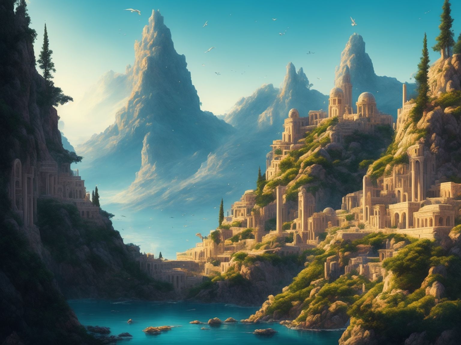 Hursty: snowy Mountain fantasy awesome intricate greek city scene, greek architecture , soaring ...