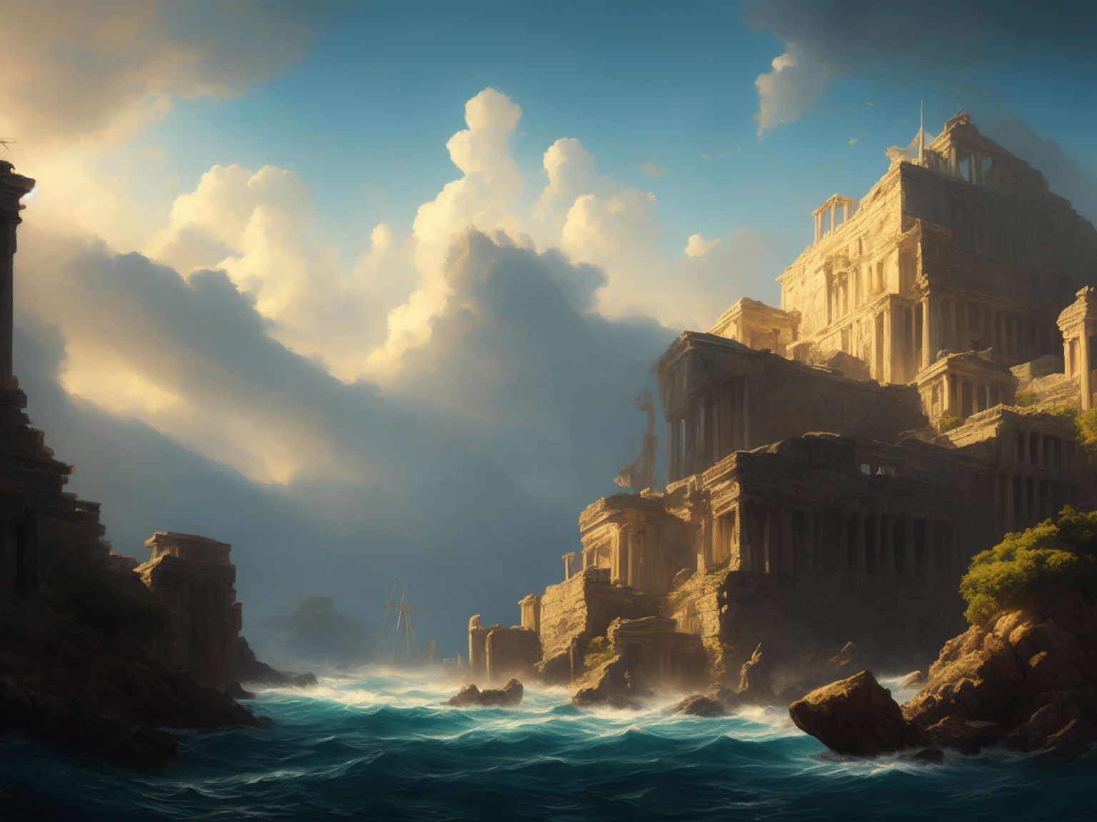 Hursty: fantasy awesome large ancient greek ship, oars, approaching ...