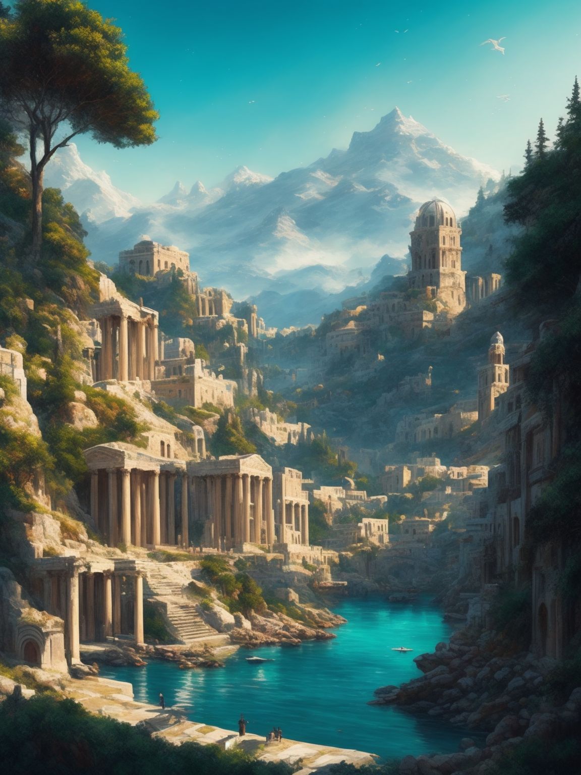 Hursty: snowy Mountain fantasy awesome intricate greek city scene, greek architecture , soaring ...