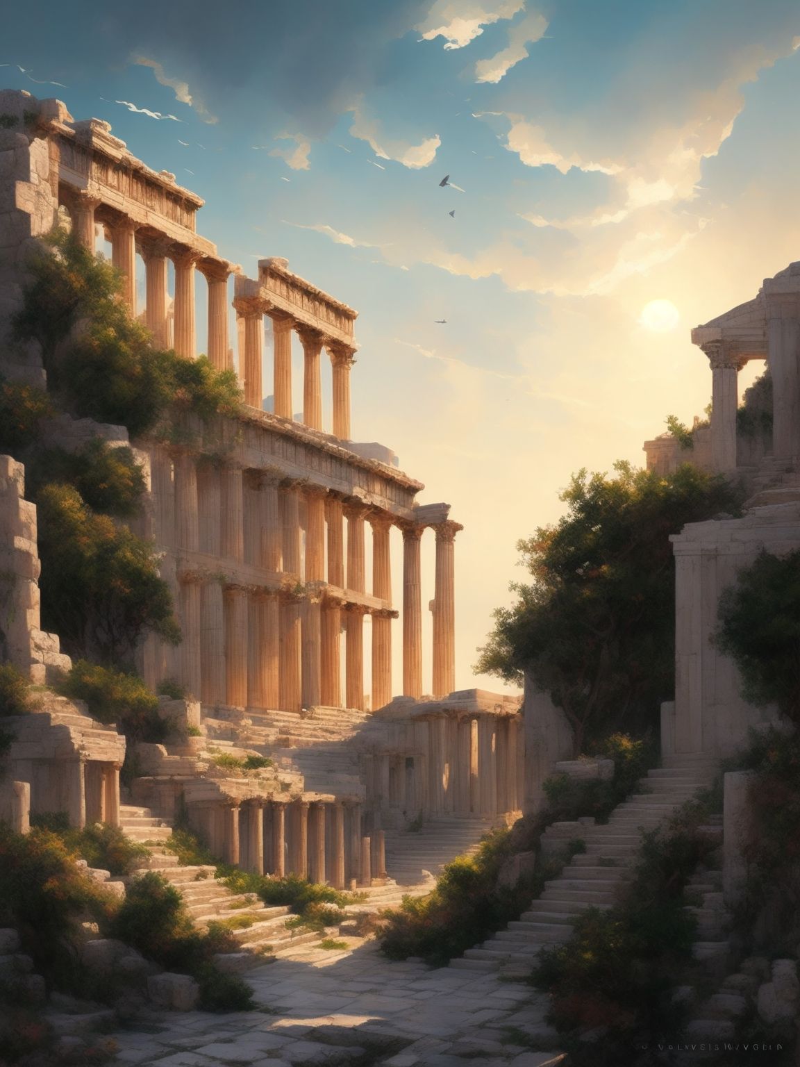Hursty: fantasy awesome intricate greek city scene, white ancient greek architecture , soaring ...