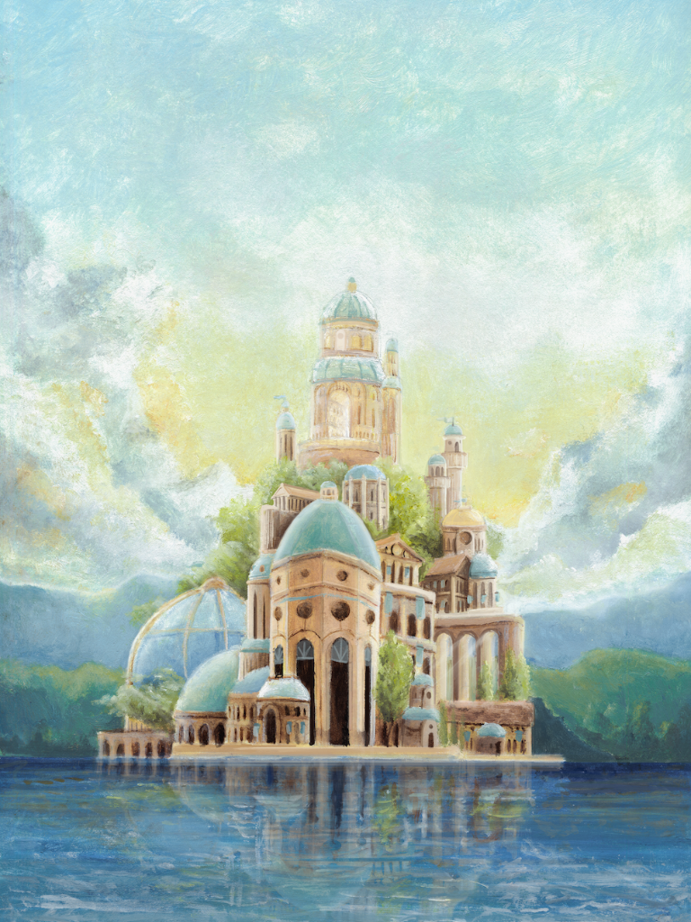 Hursty: fantasy awesome intricate ancient greek city on an island, reflection