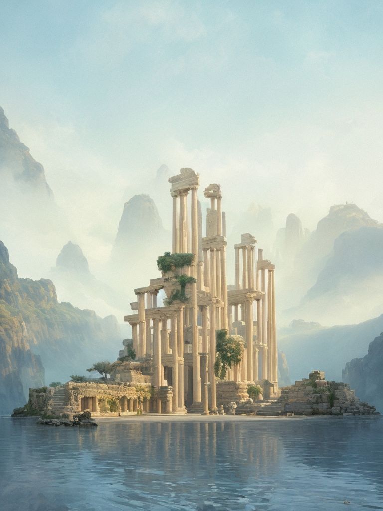 Hursty: fantasy awesome intricate ancient greek city on an island, reflection