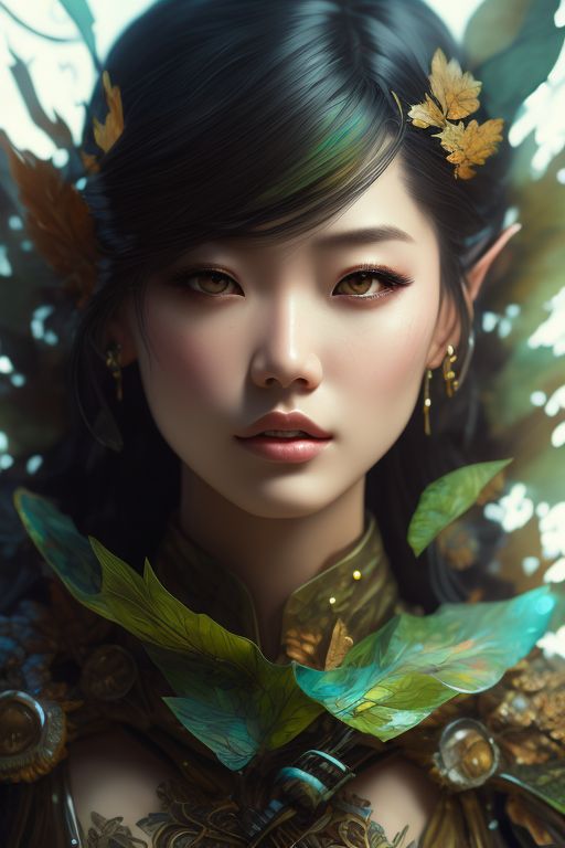 AlitzelTian: Elf, shy, brown hair, green eyes, red background, dramatic ...