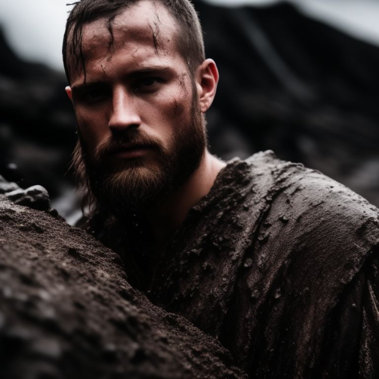 JEFFERSON: Close-up of Viking King emerging from wet black mud