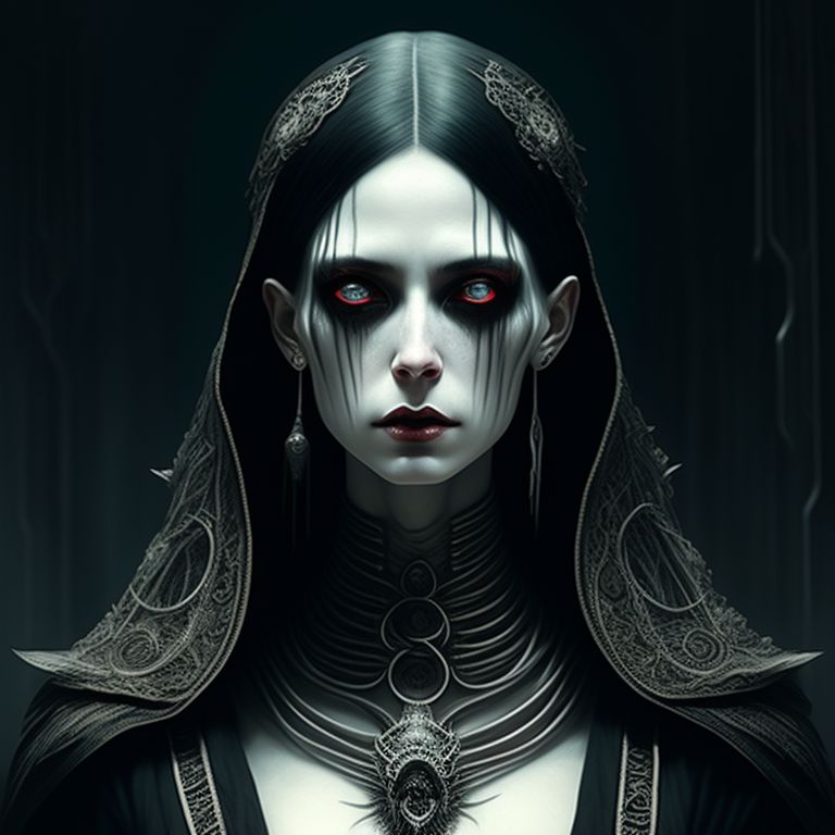 green-dove736: pale, female, dead white eyes, white hair, malnourished