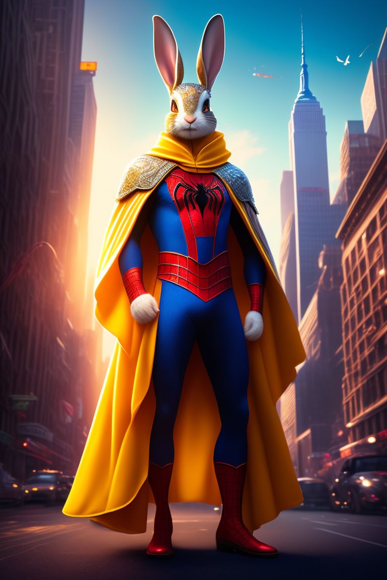 brief-goat274: rabbit standing,spiderman outfit,new york yellow cabs