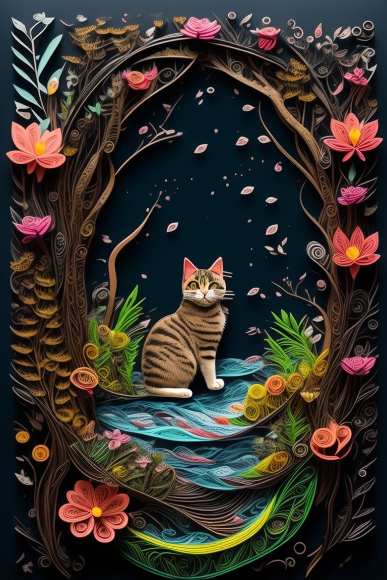 impure-deer189: a cat sitting by a stream, Leaves, flowers, tree branches