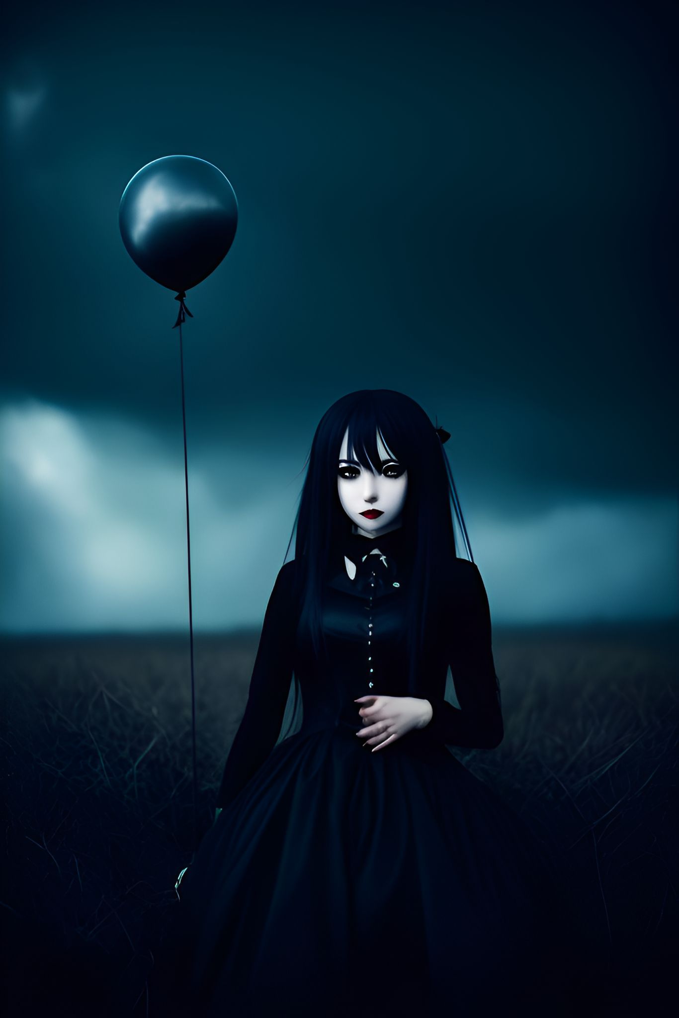 totes: a goth anime young adult holding floating a black balloon in a field