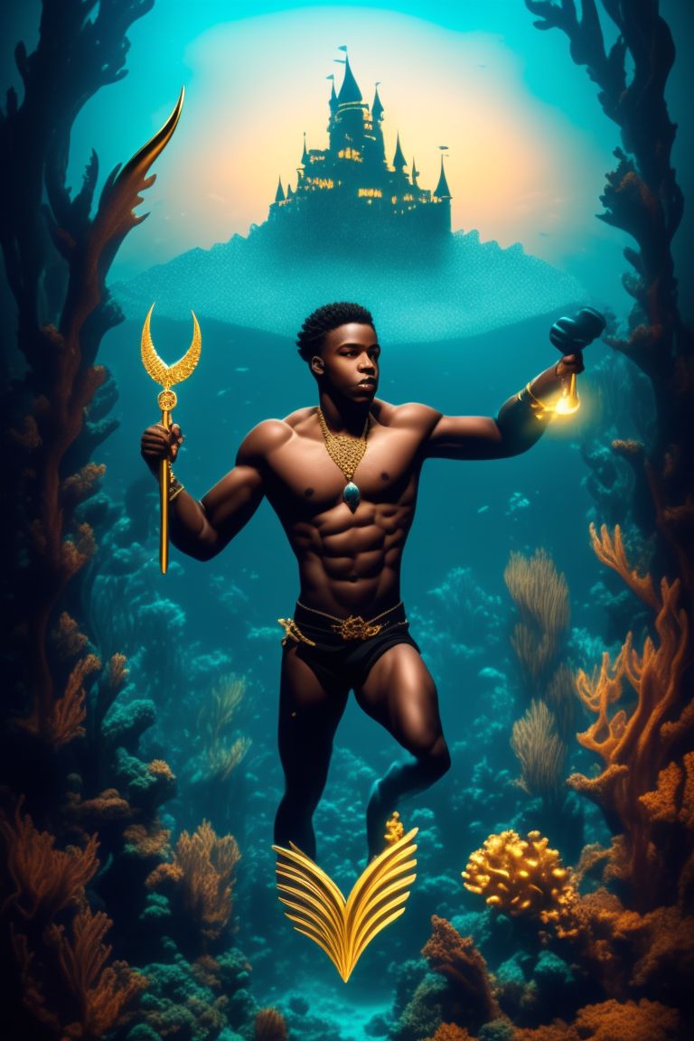 punctual-rat487: a black male young athletic merman holding a golden ...