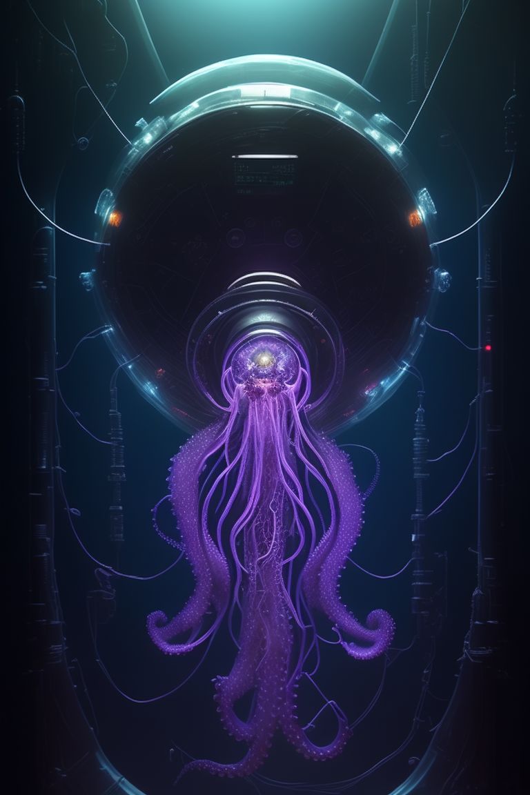 smoggy-hawk20: prompt:robotic purple octopus with glass head and a ...