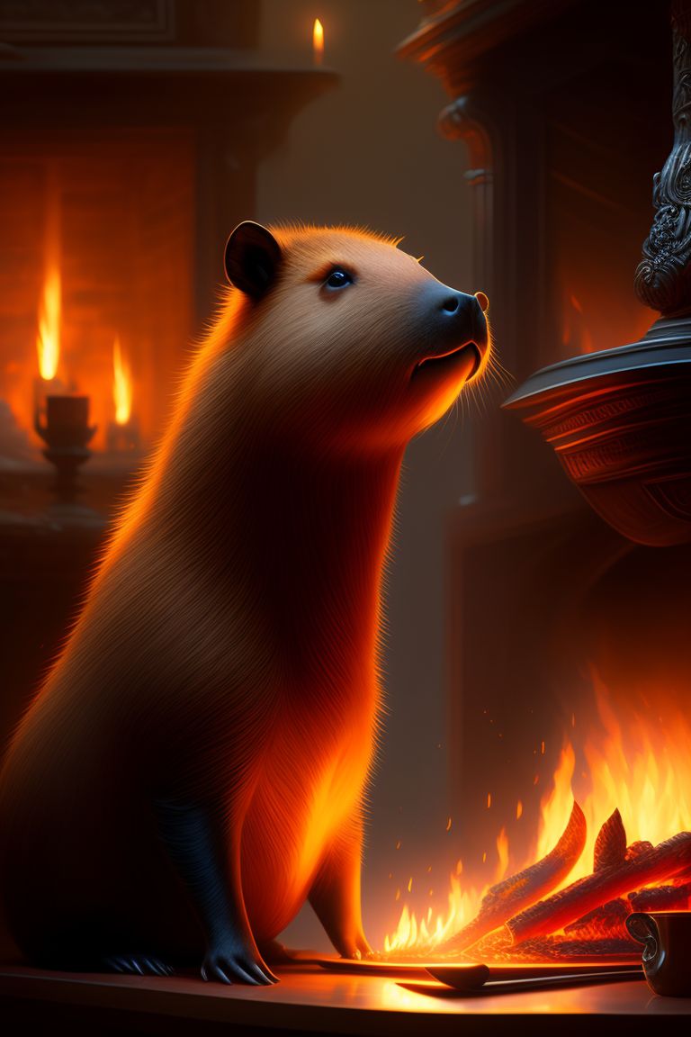 twin-peafowl528: capybara writing in front of the fireplace