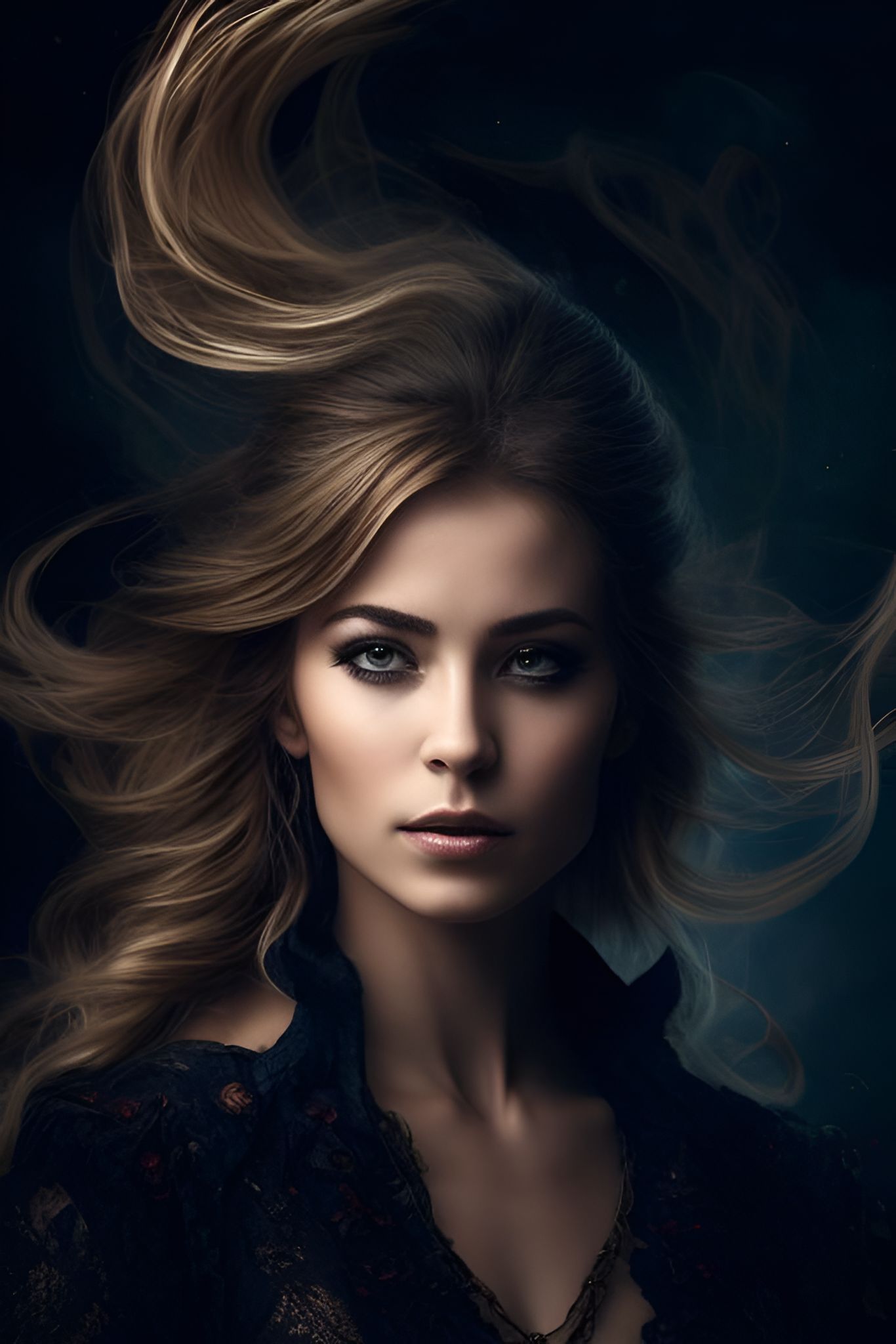 MellyS: Create a realistic image of a young female magician with dark ...
